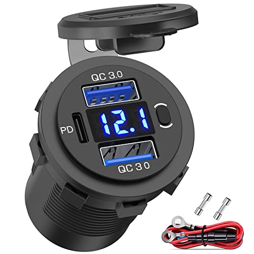 12V USB Outlet Qidoe Dual 18W Quick Charge 3.0 Port & 20W PD 12V USB C Car Charger Socket with Voltmeter and Power Switch, Waterproof Multiple Car USB Port Adapter for Car Boat Marine Truck Golf RV