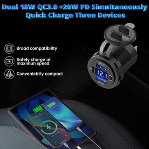 12V USB Outlet Qidoe Dual 18W Quick Charge 3.0 Port & 20W PD 12V USB C Car Charger Socket with Voltmeter and Power Switch, Waterproof Multiple Car USB Port Adapter for Car Boat Marine Truck Golf RV