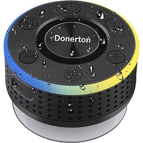 Donerton Bluetooth Shower Speaker, IPX7 Waterproof Wireless Speaker with Suction Cup, Portable Speaker, 360 HD Surround Sound, LED Light Mini Speakers, Dual Stereo Pairing, Built-in Mic, Radio(Black)