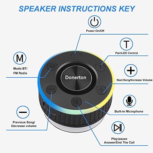 Donerton Bluetooth Shower Speaker, IPX7 Waterproof Wireless Speaker with Suction Cup, Portable Speaker, 360 HD Surround Sound, LED Light Mini Speakers, Dual Stereo Pairing, Built-in Mic, Radio(Black)