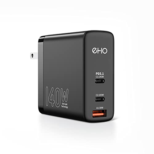 EHO 140W USB C Wall Charger for MacBook Pro 16", PD 3.1 3-Port GaN III USB C Power Adapter 45W PPS Super Fast Charging Travel Charger Compatible w/Laptops, MacBook Pro/Air, iPhone, Samsung