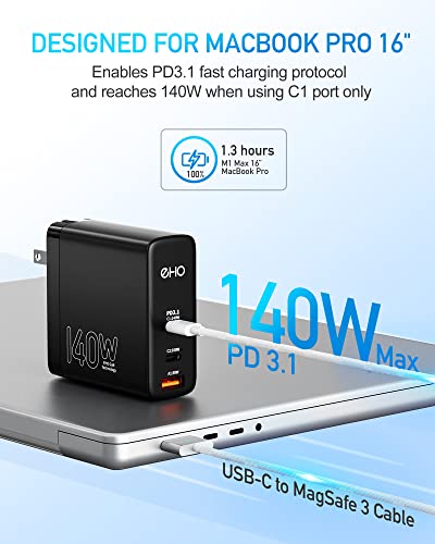 EHO 140W USB C Wall Charger for MacBook Pro 16", PD 3.1 3-Port GaN III USB C Power Adapter 45W PPS Super Fast Charging Travel Charger Compatible w/Laptops, MacBook Pro/Air, iPhone, Samsung