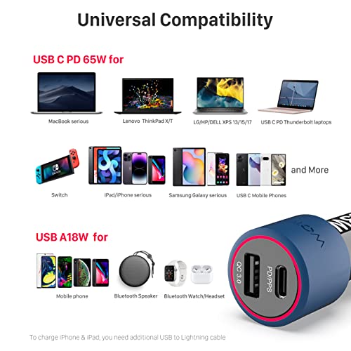 WOTOBEUS 83W USB C Car Charger Adapter, PD 65W PPS 45W+USB-A 18W Super Fast Charging Type-C Cigarette Lighter for iPhone 14 13 Pro Plus Max Samsung Galaxy S23/22/21 Ultra iPad MacBook Laptop Pixel