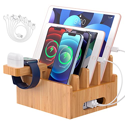 Pezin & Hulin Bamboo Charging Stations for Multiple Devices, Upgrade Desk Docking Station Organizer for Cell Phones, Tablet, Smart Watch & Earpods Stand (Includes 6 Cables BUT NO Power Supply Charger)