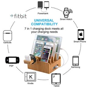 Pezin & Hulin Bamboo Charging Stations for Multiple Devices, Upgrade Desk Docking Station Organizer for Cell Phones, Tablet, Smart Watch & Earpods Stand (Includes 6 Cables BUT NO Power Supply Charger)