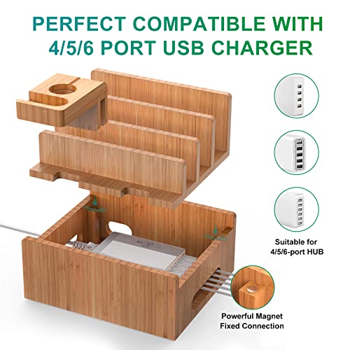 Pezin & Hulin Bamboo Charging Stations for Multiple Devices, Upgrade Desk Docking Station Organizer for Cell Phones, Tablet, Smart Watch & Earpods Stand (Includes 6 Cables BUT NO Power Supply Charger)