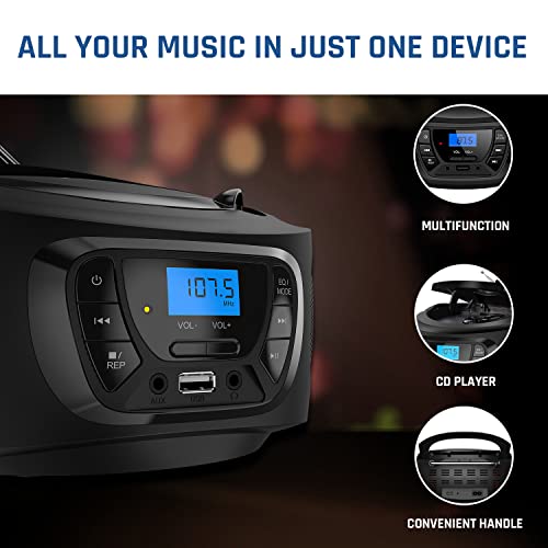 KLIM Boombox Portable Audio System - New 2023 - FM Radio CD Player Bluetooth MP3 USB AUX - Includes Rechargeable Batteries - Wired & Wireless Modes - Compact and Sturdy - Black