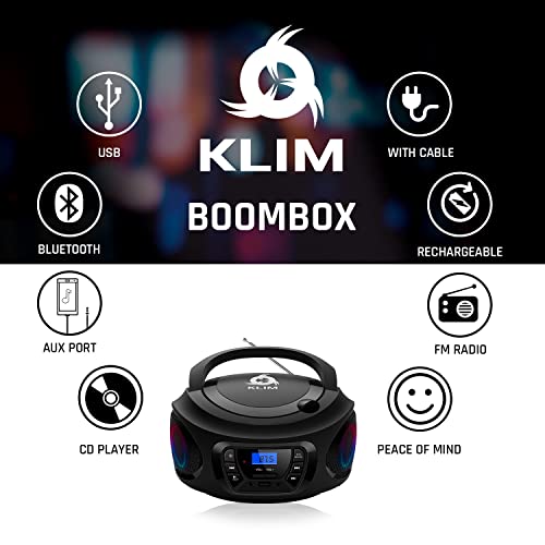 KLIM Boombox Portable Audio System - New 2023 - FM Radio CD Player Bluetooth MP3 USB AUX - Includes Rechargeable Batteries - Wired & Wireless Modes - Compact and Sturdy - Black