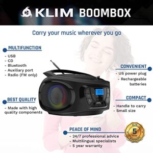 KLIM Boombox Portable Audio System - New 2023 - FM Radio CD Player Bluetooth MP3 USB AUX - Includes Rechargeable Batteries - Wired & Wireless Modes - Compact and Sturdy - Black