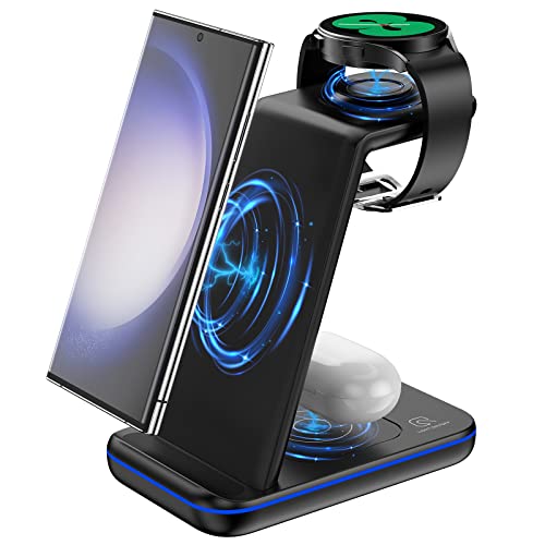 Wireless Charging Station for Samsung, 3 in 1 Wireless Charger Stand for Samsung Galaxy S23/22/21/20/10/Note 20/10, Samsung Watch Charger for Galaxy Watch 5/4/3/Active 2/1/LTE, Buds/Pro/+/Live