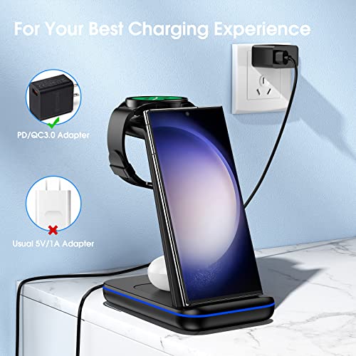 Wireless Charging Station for Samsung, 3 in 1 Wireless Charger Stand for Samsung Galaxy S23/22/21/20/10/Note 20/10, Samsung Watch Charger for Galaxy Watch 5/4/3/Active 2/1/LTE, Buds/Pro/+/Live