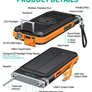 BLAVOR Solar Power Bank with FM Radio,Portable Wireless Charger 20000mAh External Battery Pack 15W QC 3.0 Fast Charging,Bright Flashlight, Compatible with Smartphones and All USB Devices (Orange)