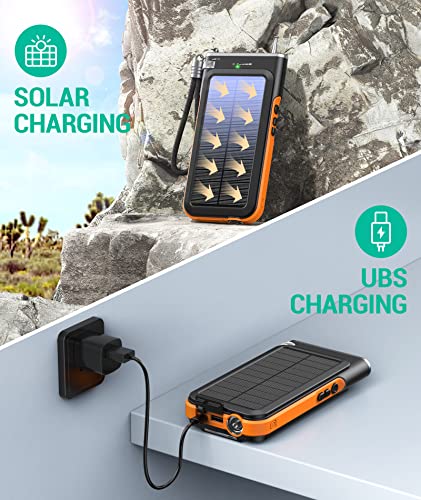 BLAVOR Solar Power Bank with FM Radio,Portable Wireless Charger 20000mAh External Battery Pack 15W QC 3.0 Fast Charging,Bright Flashlight, Compatible with Smartphones and All USB Devices (Orange)