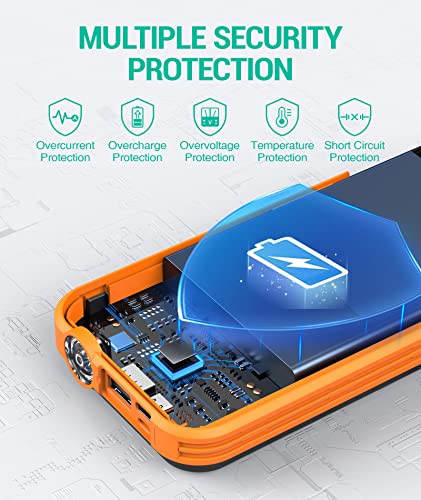 BLAVOR Solar Power Bank with FM Radio,Portable Wireless Charger 20000mAh External Battery Pack 15W QC 3.0 Fast Charging,Bright Flashlight, Compatible with Smartphones and All USB Devices (Orange)