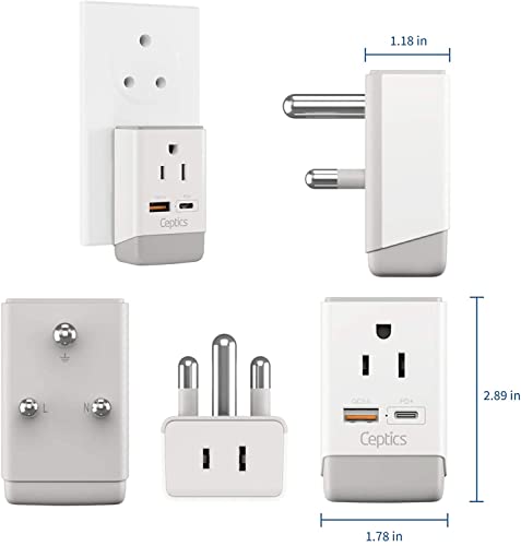 Ceptics South Africa Travel 2 Pack Plug Adapter QC 3.0 & PD, Safe Dual USB & USB-C - 2 USA Socket Compact & Powerful - Use in S. Africa Botswana - Type M AP-10L - Fast Charging