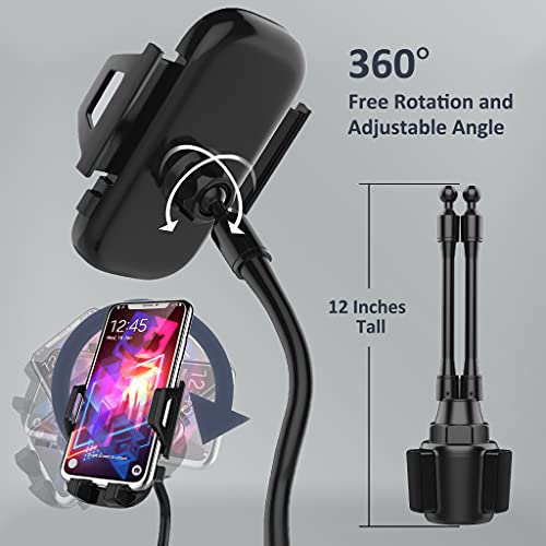 CAVIANA Dual Phone Holder for Car Cup Holder – Long Flexible Neck, 360° Rotatable Car Phone Mount - Adjustable Cell Phone Cup Holder, Universal Size Fits 2 iPhone, Samsung, GPS and More (Cradle)