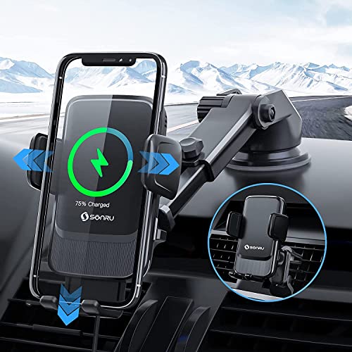 Wireless Car Charger Mount, SONRU 15W Wireless Fast Charging Car Phone Holder Mount, Power-Off Delay, Auto Open & Clamping, Dashboard Air Vent Clip Windshield Car Mount, Compatible for iPhone Samsung