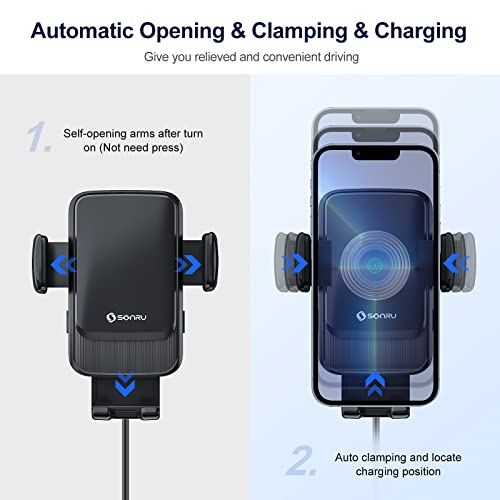 Wireless Car Charger Mount, SONRU 15W Wireless Fast Charging Car Phone Holder Mount, Power-Off Delay, Auto Open & Clamping, Dashboard Air Vent Clip Windshield Car Mount, Compatible for iPhone Samsung