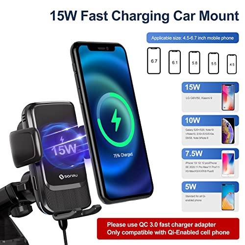 Wireless Car Charger Mount, SONRU 15W Wireless Fast Charging Car Phone Holder Mount, Power-Off Delay, Auto Open & Clamping, Dashboard Air Vent Clip Windshield Car Mount, Compatible for iPhone Samsung