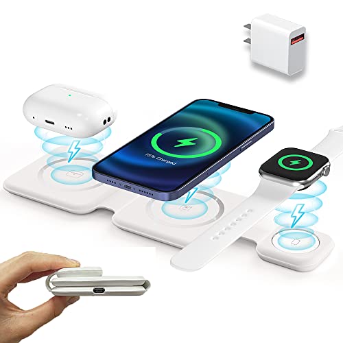 Magnetic Wireless Charger for iPhone: CYFIBYNO Fodable 3 in 1 Charging Station, iPhone Travel Wireless Charger Compatible with Magsafe for iPhone, Samsung, AirPods 3/2/Pro, Apple iWatch.