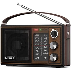 jeujug radio portable am fm radio vintage/retro, bluetooth5.1 speaker built-in rechargeable battery, plug in wall or d battery operated radio pu leather handle with aux in/headphone jack