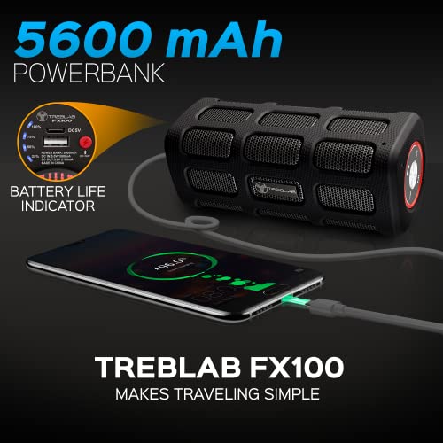 TREBLAB FX100 - Portable Bluetooth Speaker, 20W Rugged Outdoor Speaker, 35H Battery, IPX7 Waterproof Speaker with Metal and Rubber Body, Wireless Speaker w/Powerbank for Work, Travel, Bike, Beach