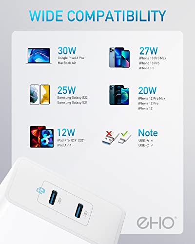 USB C Wall Charger, EHO 40W(20W Max Each) Dual USB C Charger, 20W Fast Charger Power Adapter Compatible with MacBook Air, iPhone 13/12, MagSafe Wireless Charger/MagSafe Duo Charger Galaxy S21, White