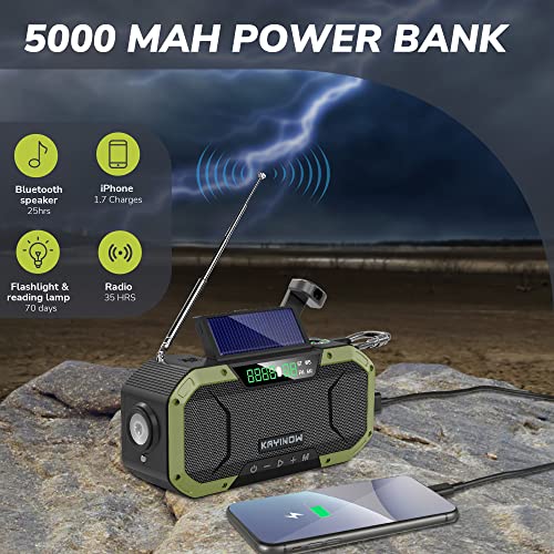 Portable Digital AM FM Radio Waterproof Bluetooth Speaker,Hand Crank Solar Emergency Radio,5000mAH Cell Phone Charger,NOAA Weather Radio with Flashlight,Reading Lamp,SOS Alarm,Outdoor Camping Radio