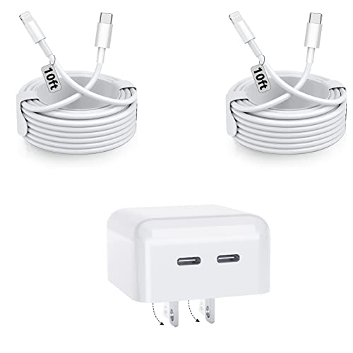 [Apple MFi Certified] iPhone Charger Fast Charging Double Port 25W PD USB C Wall Charger Block Cube with 2Pack Long 10-FT Lightning Cable Cord Compatible iPhone 14 Plus/14 Pro Max/14 pro/13/12/11/Xs