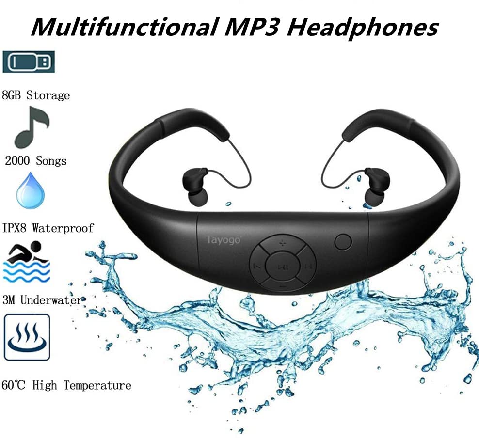 Waterproof Mp3 Player for Swimming, Tayogo IPX8 8GB Underwater Music Headsets for Sports(4 Pairs Earplugs)-Black