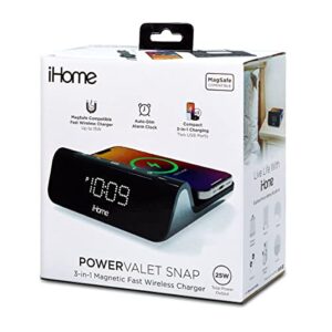 iHome 3-in-1 Magnetic Fast Wireless Charging Clock for Magsafe Enabled Devices, USB-C and USB-A Charging, 25W Total Power Output, Fast Wireless Charing Clock (iW23)