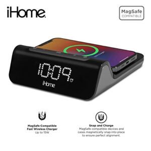 iHome 3-in-1 Magnetic Fast Wireless Charging Clock for Magsafe Enabled Devices, USB-C and USB-A Charging, 25W Total Power Output, Fast Wireless Charing Clock (iW23)