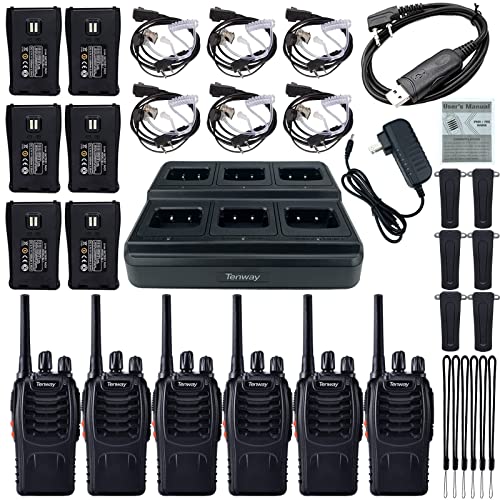 6Pack TW-888S Two Way Radio for Adult Long Range Rechargeable Handheld Walkie Talkie with Air Earpiece and Programming Cable and 6 Way Multi Unit Charger