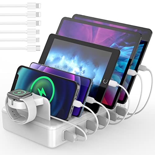 Charging Station for Multiple Devices, 6 Port 50W Fast Multi Charger Organizer with Watch Bracket Equipped for iPhone iPad Android Tablet Watch and Other Electronics(6 Cables Included)