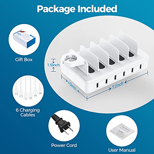 Charging Station for Multiple Devices, 6 Port 50W Fast Multi Charger Organizer with Watch Bracket Equipped for iPhone iPad Android Tablet Watch and Other Electronics(6 Cables Included)