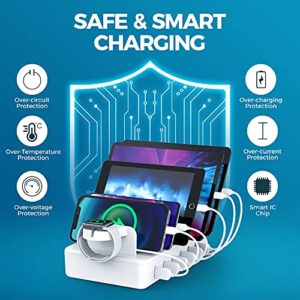 Charging Station for Multiple Devices, 6 Port 50W Fast Multi Charger Organizer with Watch Bracket Equipped for iPhone iPad Android Tablet Watch and Other Electronics(6 Cables Included)