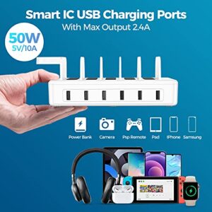 Charging Station for Multiple Devices, 6 Port 50W Fast Multi Charger Organizer with Watch Bracket Equipped for iPhone iPad Android Tablet Watch and Other Electronics(6 Cables Included)