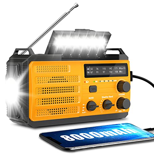 8000mAh Emergency Crank Weather Radio,AM/FM/NOAA Hand Crank Solar Powered Radio with Weather Alert,Emergency Phone Charger,3 Modes Flashlight,SOS Alarm,Earphone Jack,Compass for Emergency Outdoor