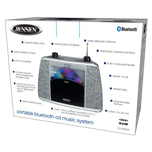 Jensen Home CD Player System Sport Handle + Bluetooth Boombox Portable Bluetooth Music System with CD Player +CD-R/RW & FM Radio with Aux-in & Headphone Jack Line-in (CD-565SL Black/Silver)