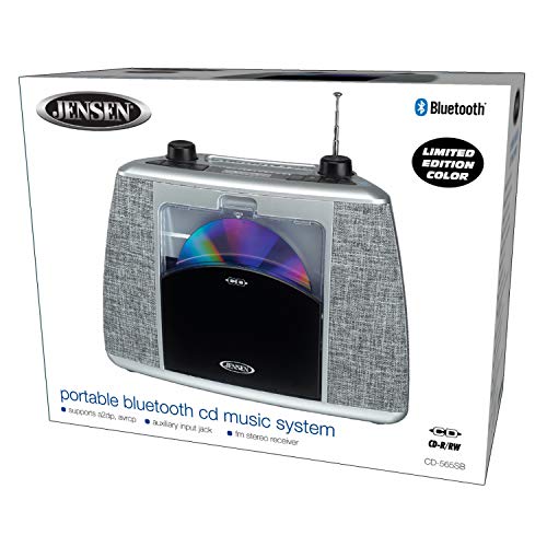 Jensen Home CD Player System Sport Handle + Bluetooth Boombox Portable Bluetooth Music System with CD Player +CD-R/RW & FM Radio with Aux-in & Headphone Jack Line-in (CD-565SL Black/Silver)