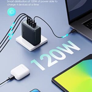 oraimo USB C Charger, HyperGaN 120W Charger, PPS 4-Port Fast Compact Foldable Wall Charger Suitable for MacBook Pro/Air, iPad Pro, Galaxy S22/S21 (Blue)