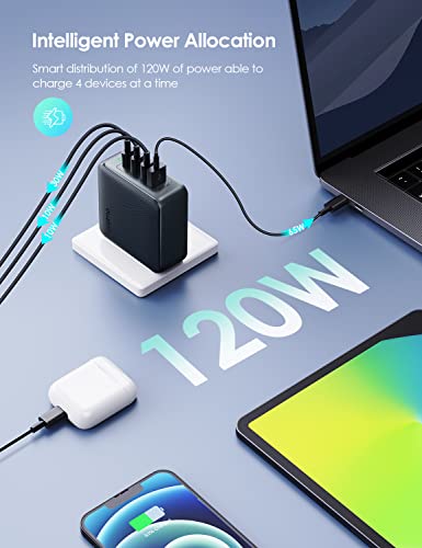 oraimo USB C Charger, HyperGaN 120W Charger, PPS 4-Port Fast Compact Foldable Wall Charger Suitable for MacBook Pro/Air, iPad Pro, Galaxy S22/S21 (Blue)