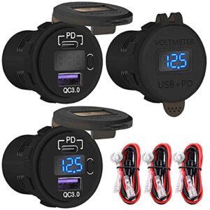 daiertek 12v usb c car charger socket, 12v usb outlet, 48w pd type c & qc 3.0 12 volt dual usb charging port waterproof with voltmeter & on/off switch for car marine boat golf cart -3pack