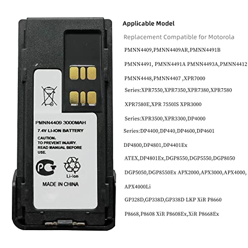 Teseko PMNN4409 PMNN4409AR PMNN4491BR PMNN4491 PMNN4493A PMNN4412 7.4V 3000mAh Li-ion Two-Way Radio High-Capacity Battery Replacement for Motorola XPR3300 XPR3500 DP4400 XPR7350 XPR7550+Belt Clip