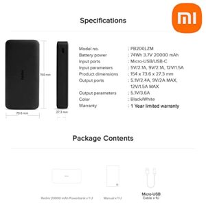 Xiaomi Mi 20000mAh Redmi Power Bank 74Wh 3.6A w/ 2 USB-A Port Rapid Charge Two Devices at Once, Dual Micro-USB/USB-C Input Port, Portable Charger for iPhone iPad Galaxy Smartphones