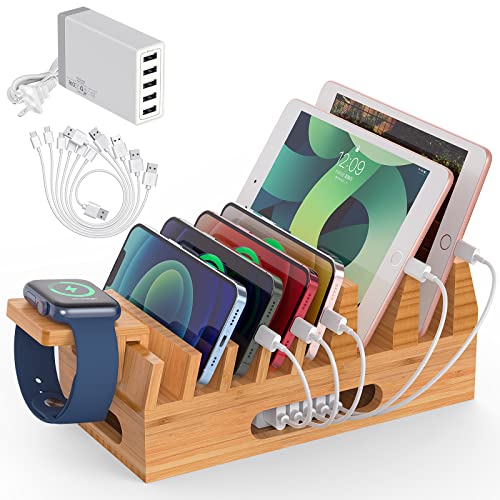 Pezin & Hulin Bamboo Charging Station Holder with 5 Port USB Charger, Watch Stand, 6 x Charge Cable, Wood Docking Stand Electronic Organizer for Multiple Devices, Phones, Tablets, Laptop and More