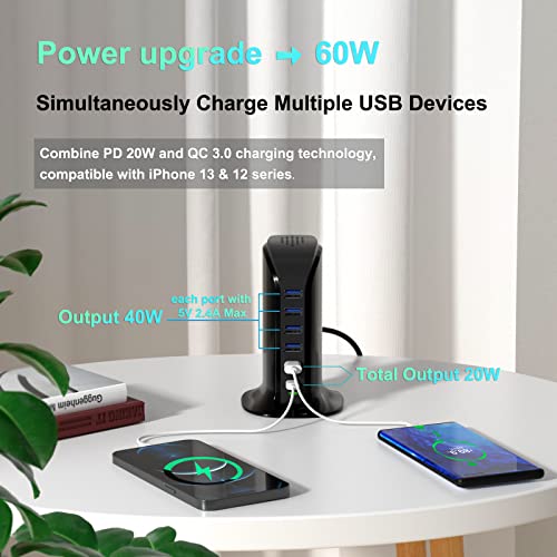 USB C Tower Charging Station, USB Charger Station 60W, 6 Ports USB Chargin Hub, 20W USB C Charger for iPhone 14/13/12/11 Pro Max Mini, X XS XR SE, iPad Pro/Air (UL Listed)