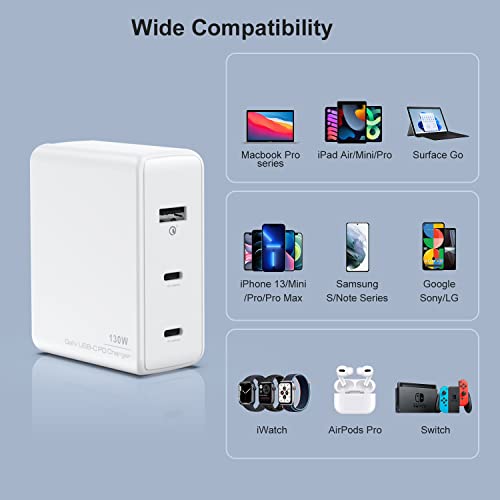 130W USB C GaN Charger, 2 USB-C PD 100W & 1 USB-A QC 18W Fast Charger, Foldable Wall Charger for MacBook pro/Air, iPad, USB C Laptop, iPhone 13/12/11/Pro/Max/Galaxy/Note and More.