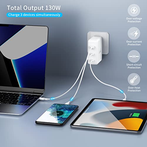 130W USB C GaN Charger, 2 USB-C PD 100W & 1 USB-A QC 18W Fast Charger, Foldable Wall Charger for MacBook pro/Air, iPad, USB C Laptop, iPhone 13/12/11/Pro/Max/Galaxy/Note and More.