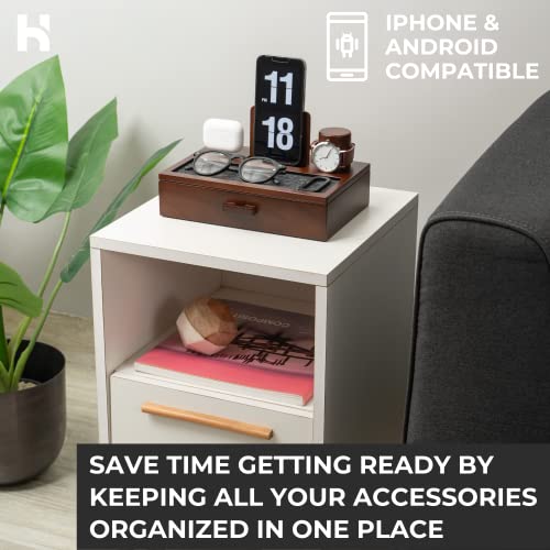 Nightstand Organizer For Men - Wood Phone Docking Station to Charge Your Phone & Earbuds - Wood Charging Station with Lined Tray & Drawer - Mens Docking Station - Gifts for Dad Birthday Gifts for Men